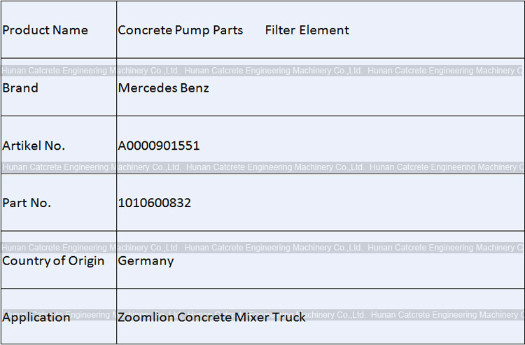 Zoomlion Concrete Mixer Truck Parts Mercedes Benz MTU Filter Element ...